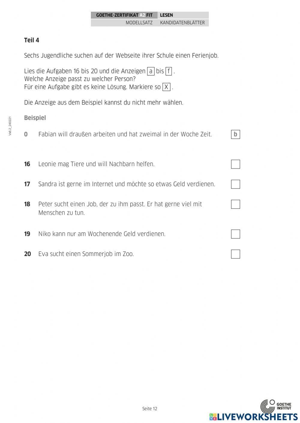 Zertifikat A2 - Fit in Deutsch - LESEN Teil 4 online exercise for ...