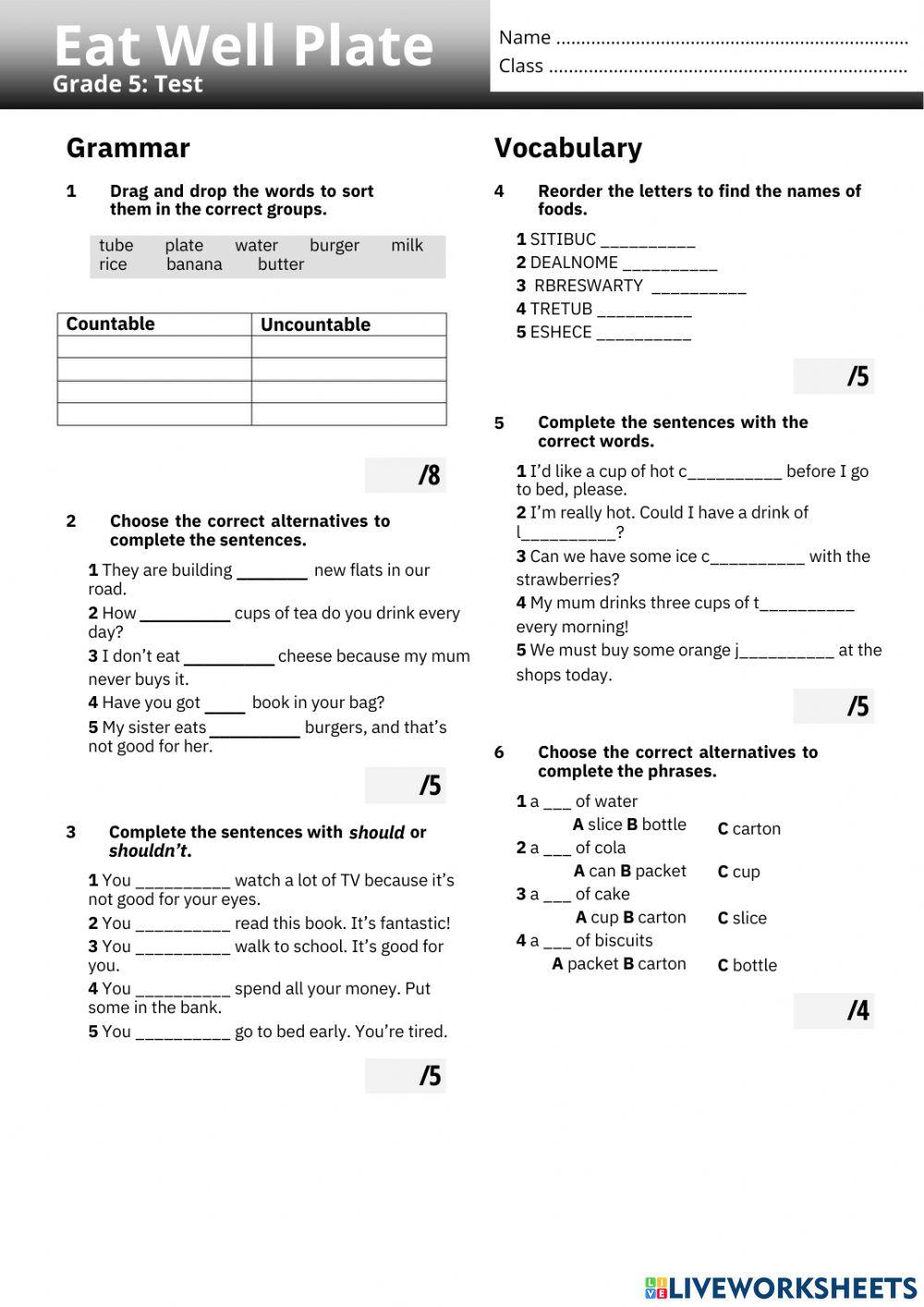 Grade 5: Eat We… | Free Interactive Worksheets | 6938606