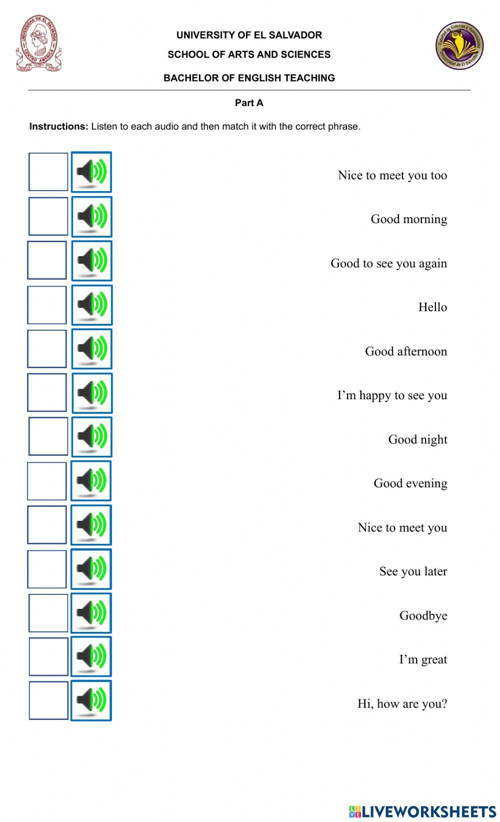 Simple greetings online exercise for | Live Worksheets