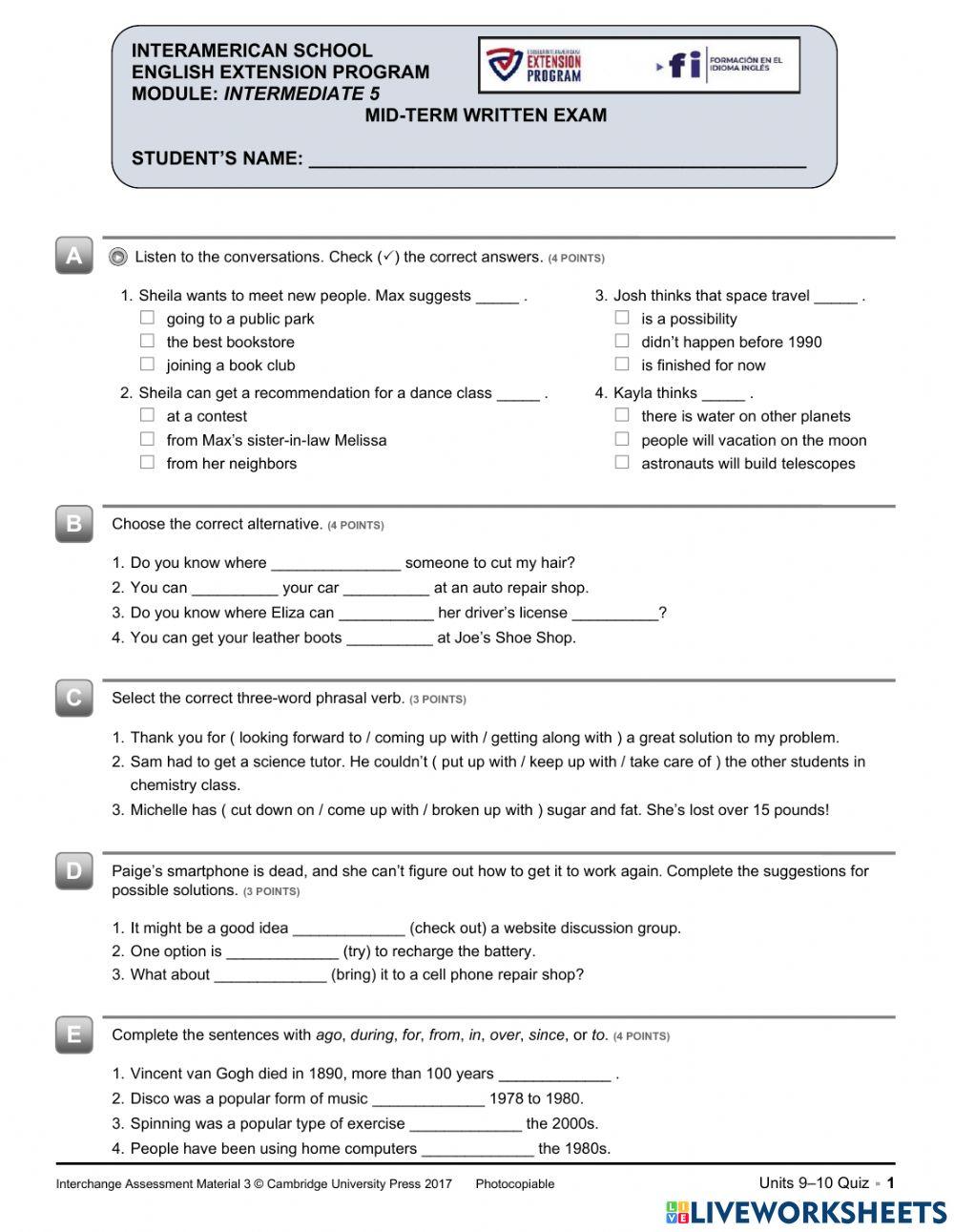 MID-TERM INTERMEDIATE 5 online exercise for | Live Worksheets