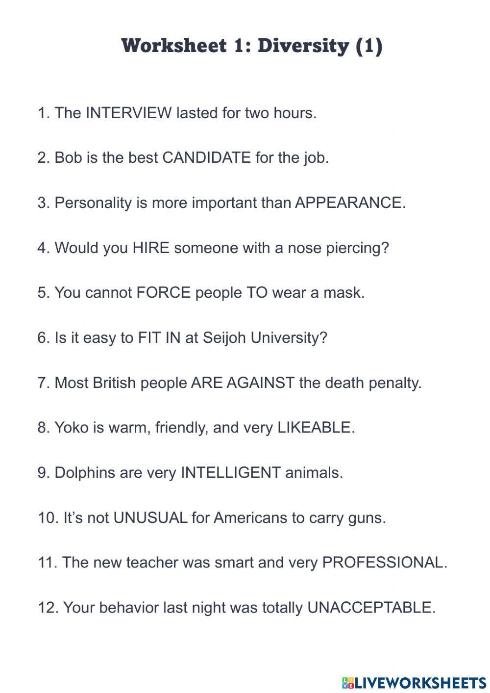 Worksheet 1 - Diversity 7011456 | TeacherN1985