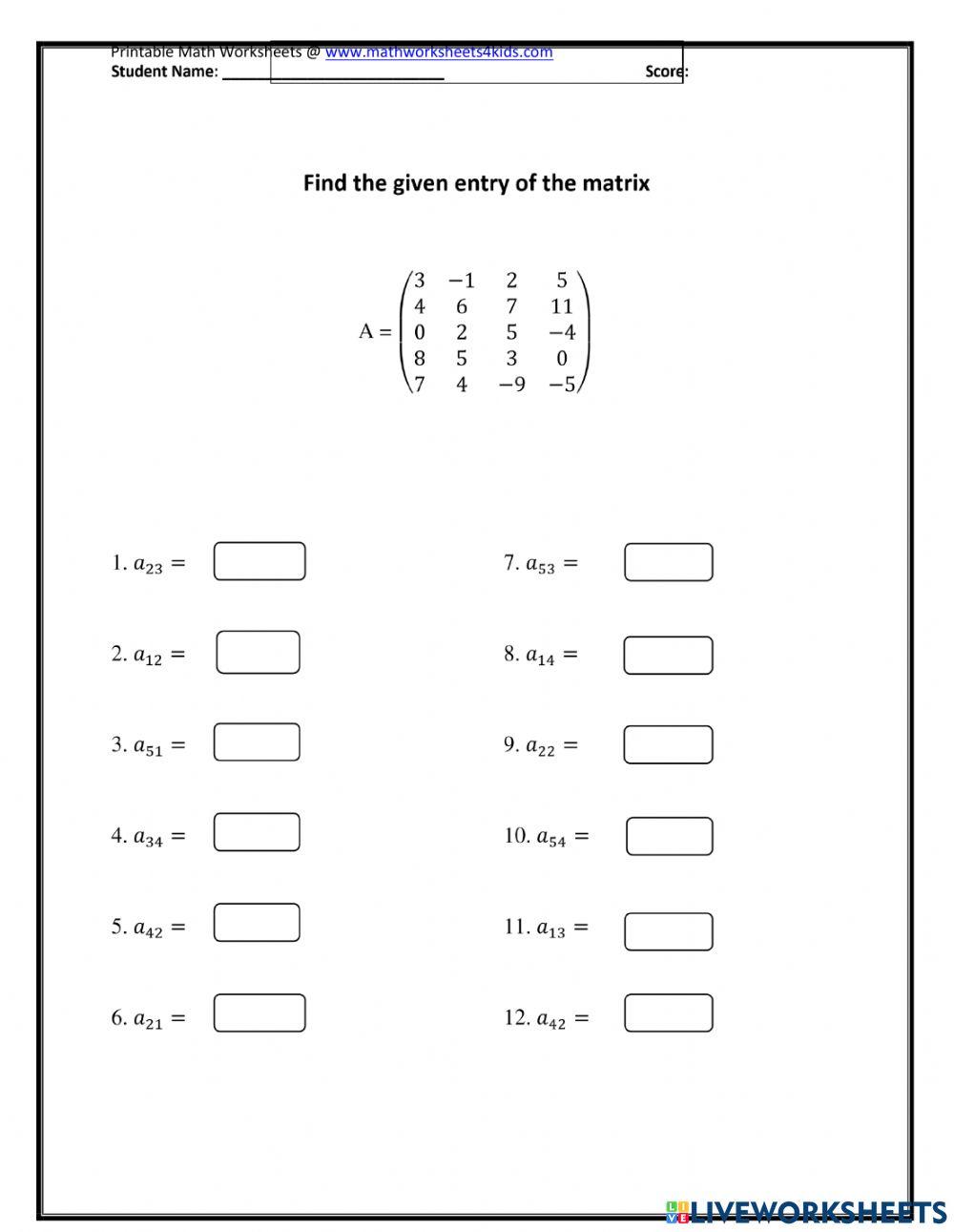 Matrix Order Worsheet online exercise for | Live Worksheets