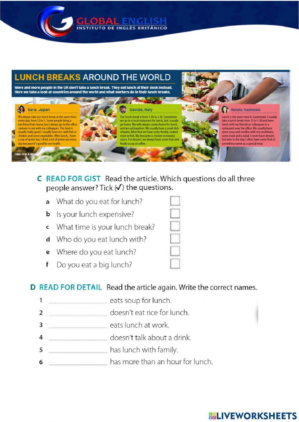 Lunch breaks | Free Interactive Worksheets | 6946120