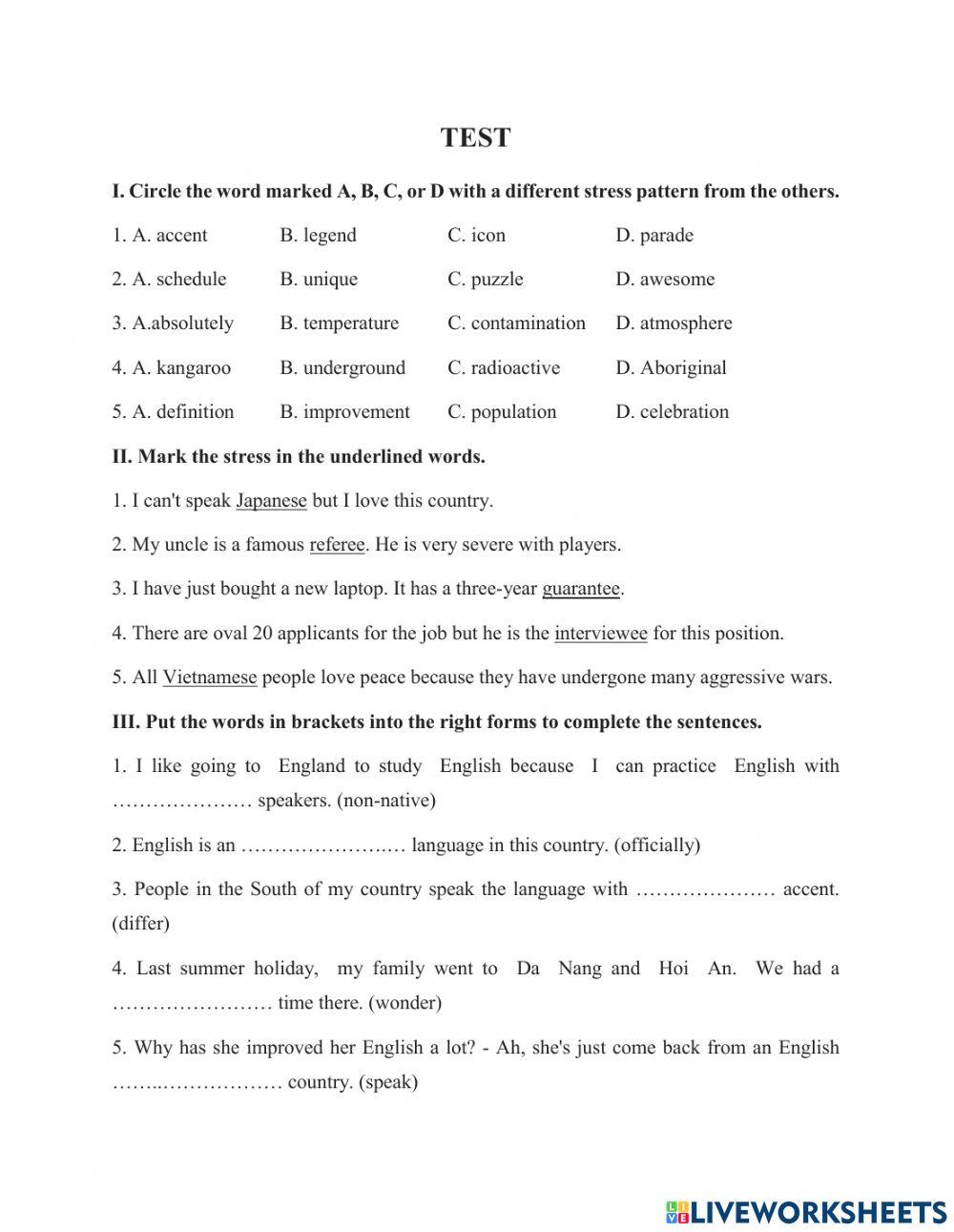 Practice test - UNIT 8 - TEST 2 7011332 | lexuandung
