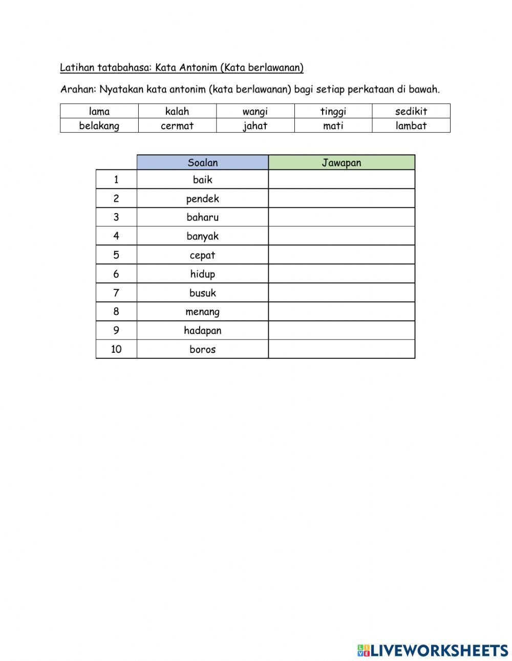 Antonim (Kata b… | Free Interactive Worksheets | 7011713