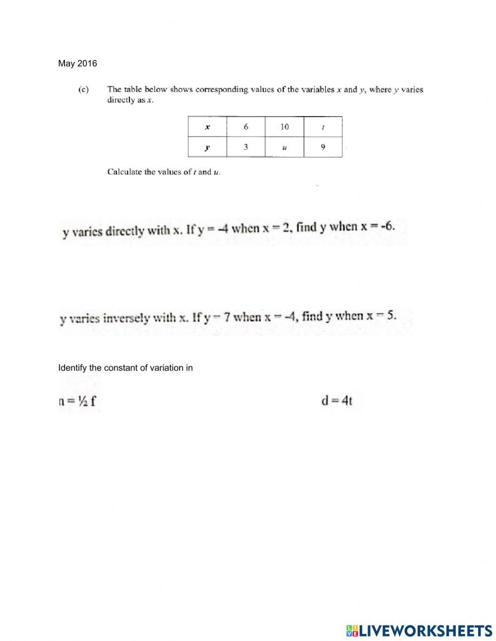 indirect variation worksheet