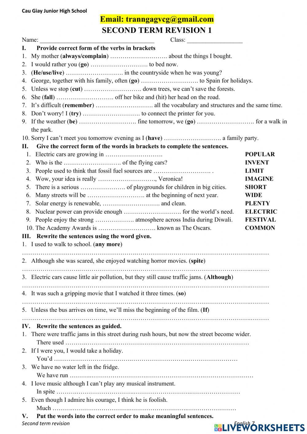 E7 - Second Term Revision - Writing 1 online exercise for | Live Worksheets