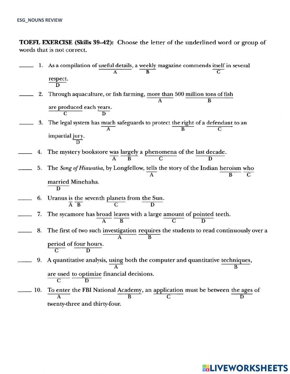 Esg-nouns review (toefl) worksheet | Live Worksheets