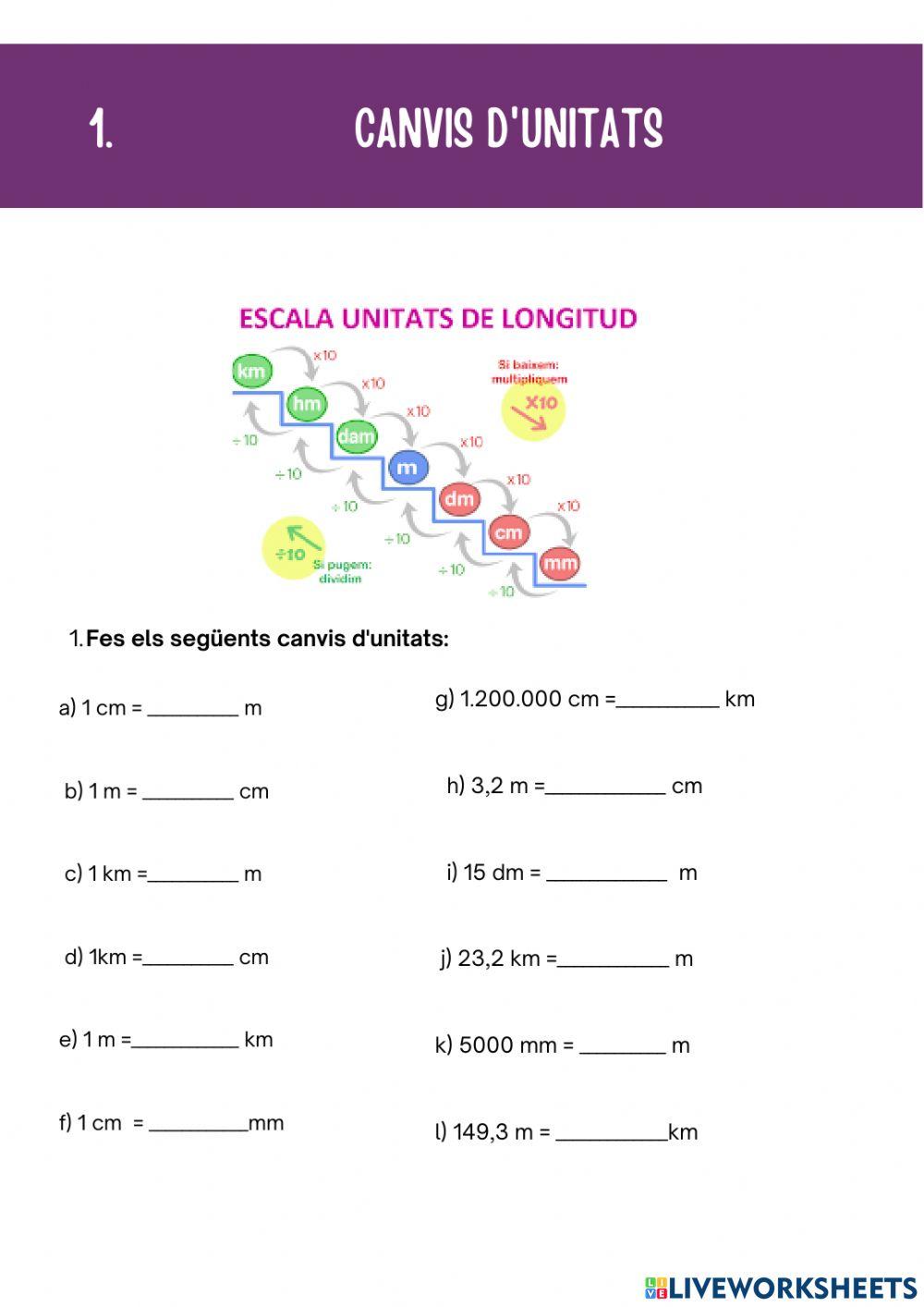 Canvis d'unitats (longitud i àrea) worksheet | Live Worksheets