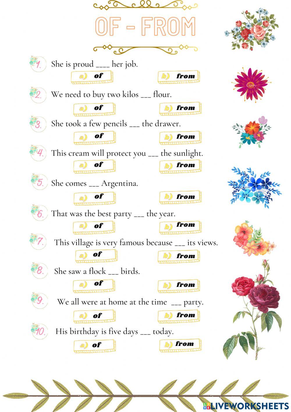 Prepositions of from worksheet | Live Worksheets