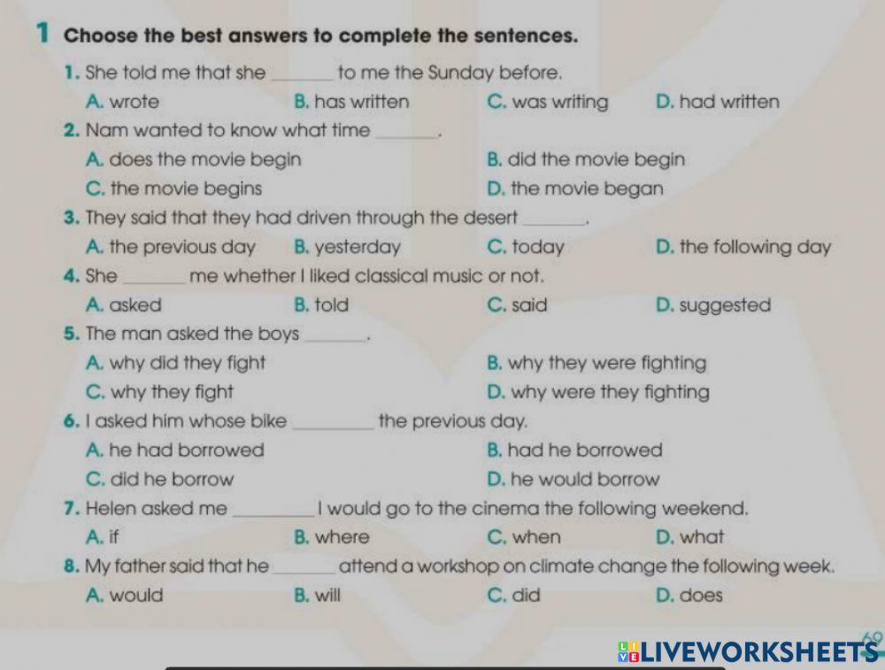 Reported Speech online exercise for 10 | Live Worksheets