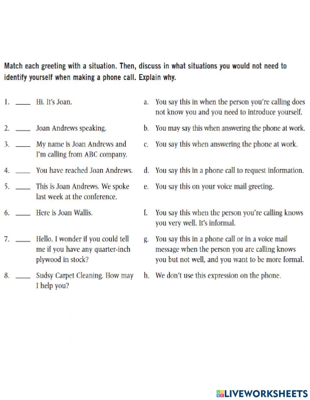 Telephone - Identifying Yourselg Greetings online exercise for | Live ...