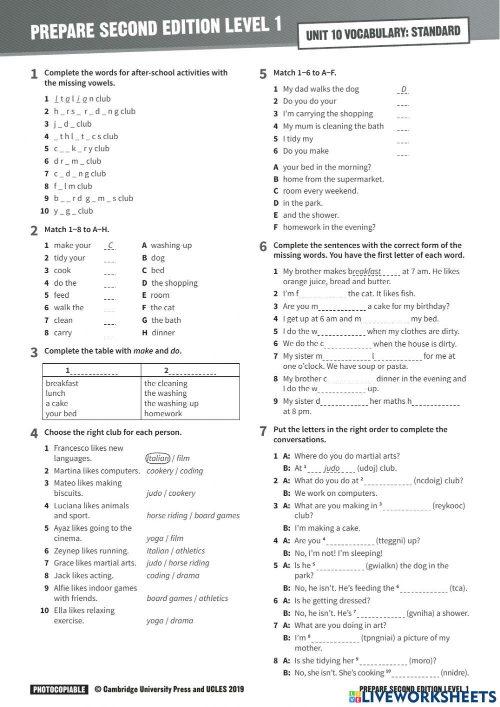 PREPARE-1-Vocabulary-Standard-Unit-10 online exercise for | Live Worksheets