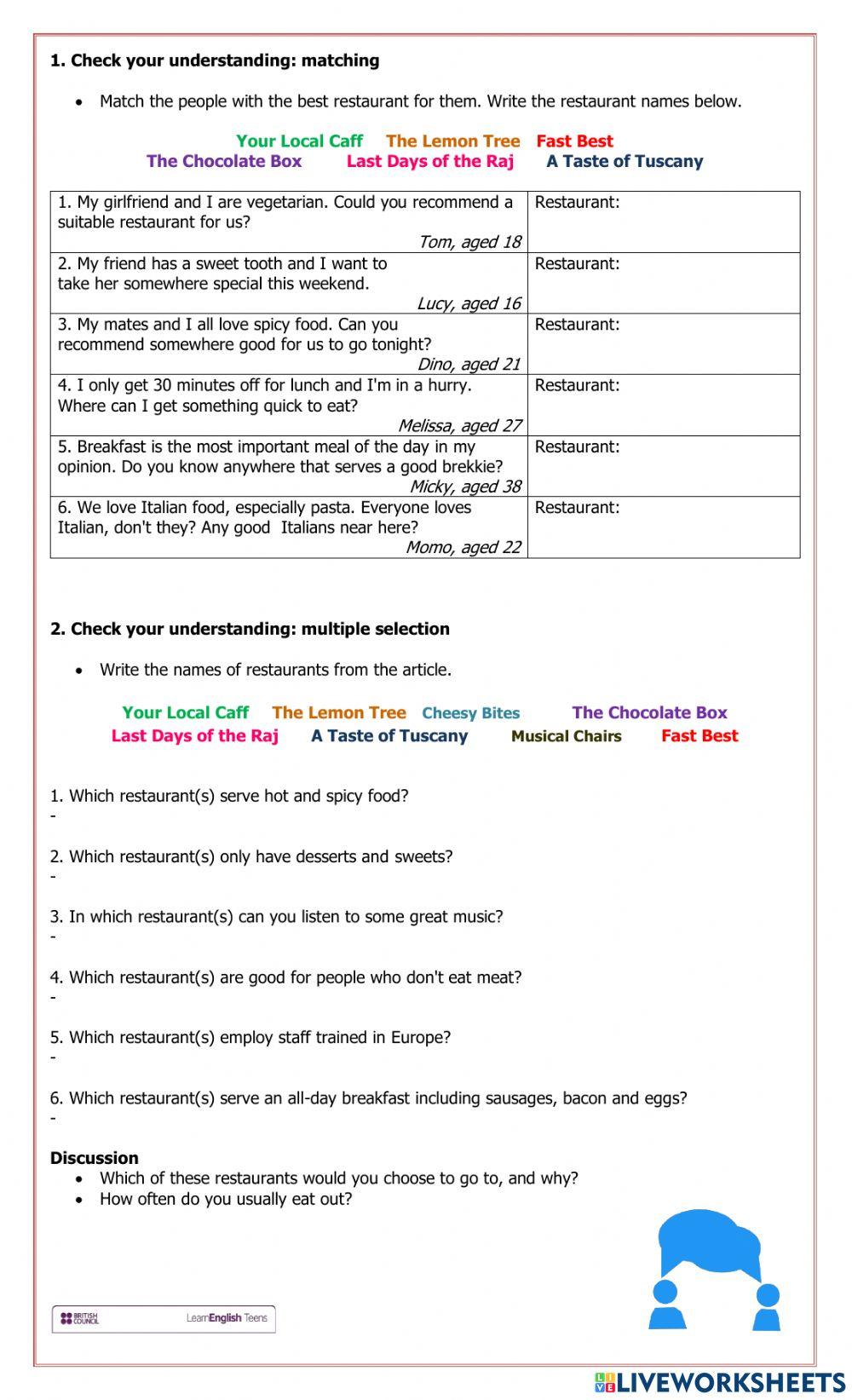 Food and restau… | Free Interactive Worksheets | 7101368