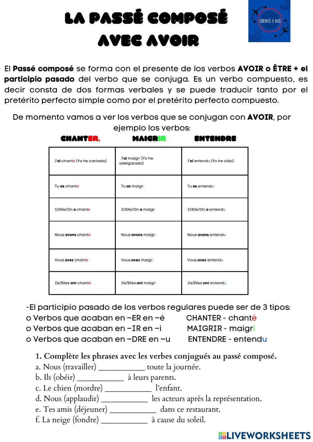 Le passé composé avec AVOIR online exercise | Live Worksheets