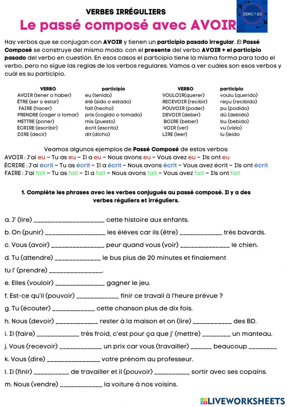 Le Passé Composé Avec Avoir Interactive Activity Live Worksheets