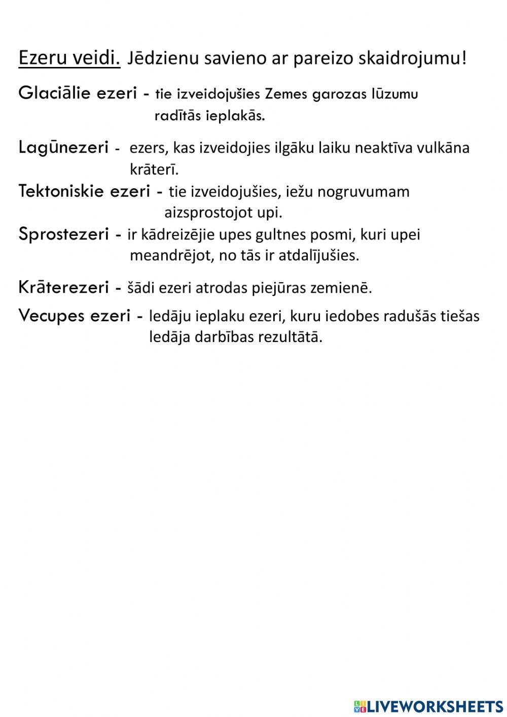 Ezeru veidi | Agnese | Live Worksheets