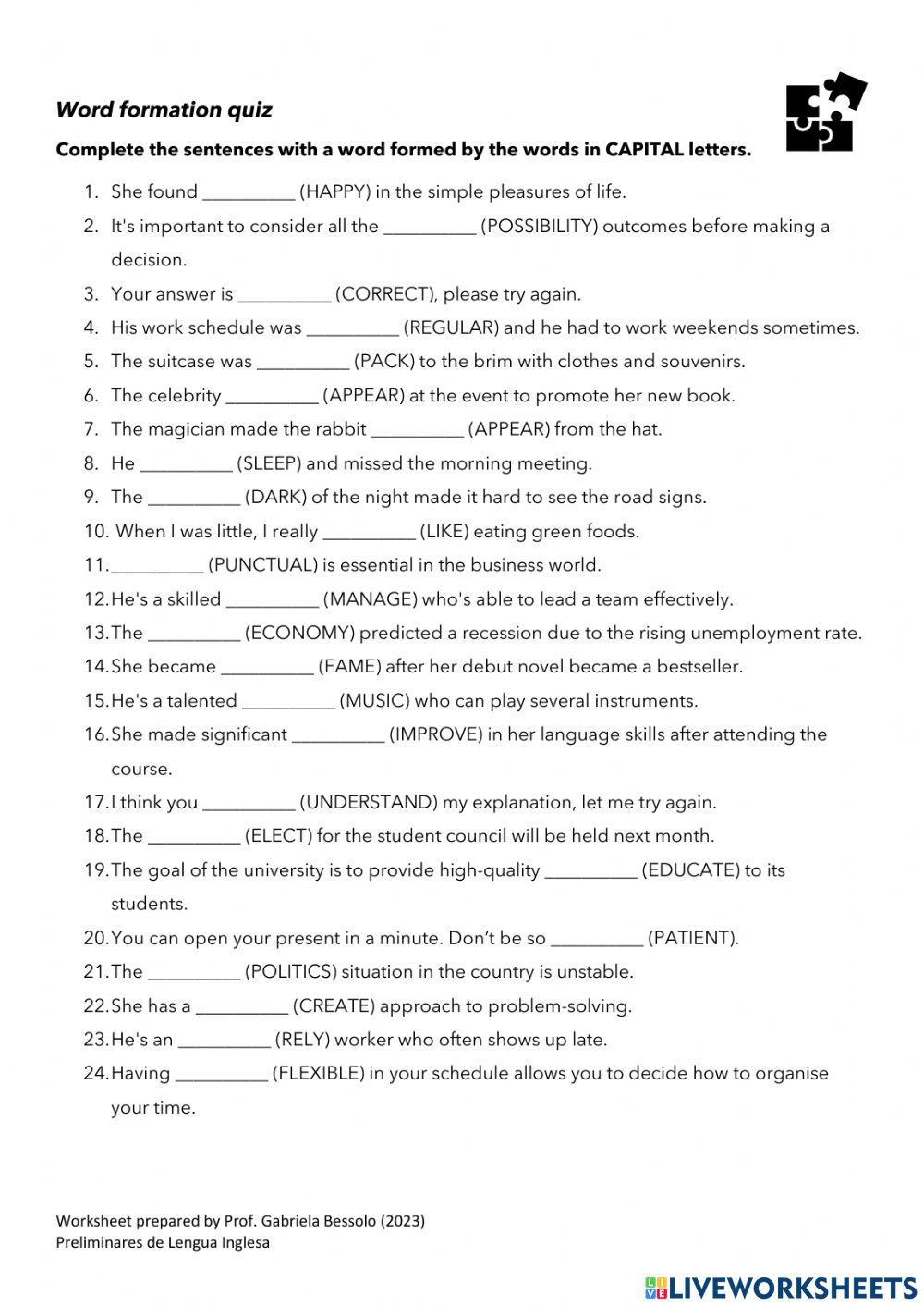 Word formation - Practice - Preliminares 2023 6940211