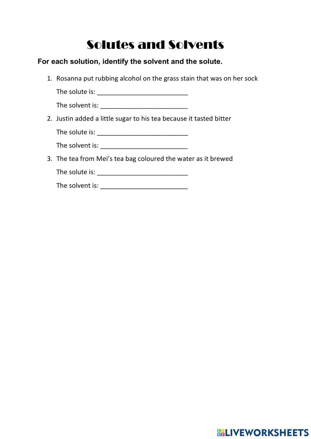solute solvent solution worksheet