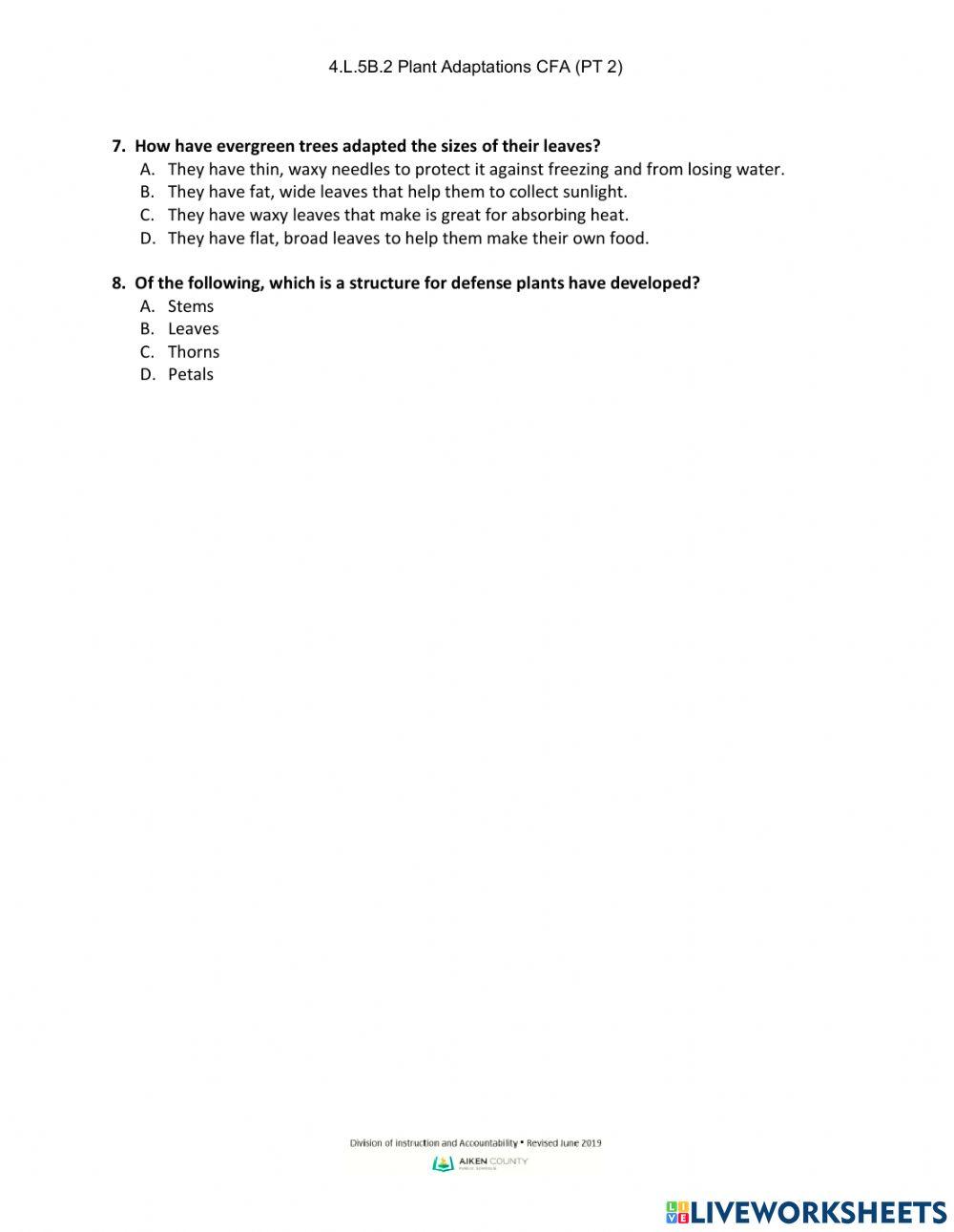 Plant structures-Adaptations Indicator Assessment Part 2