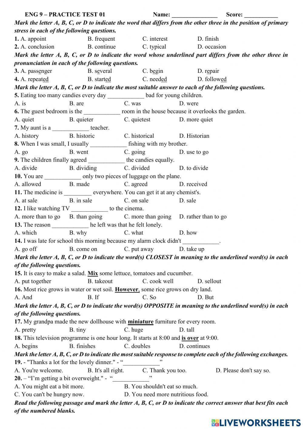 Eng 9 - test 1 worksheet | Live Worksheets