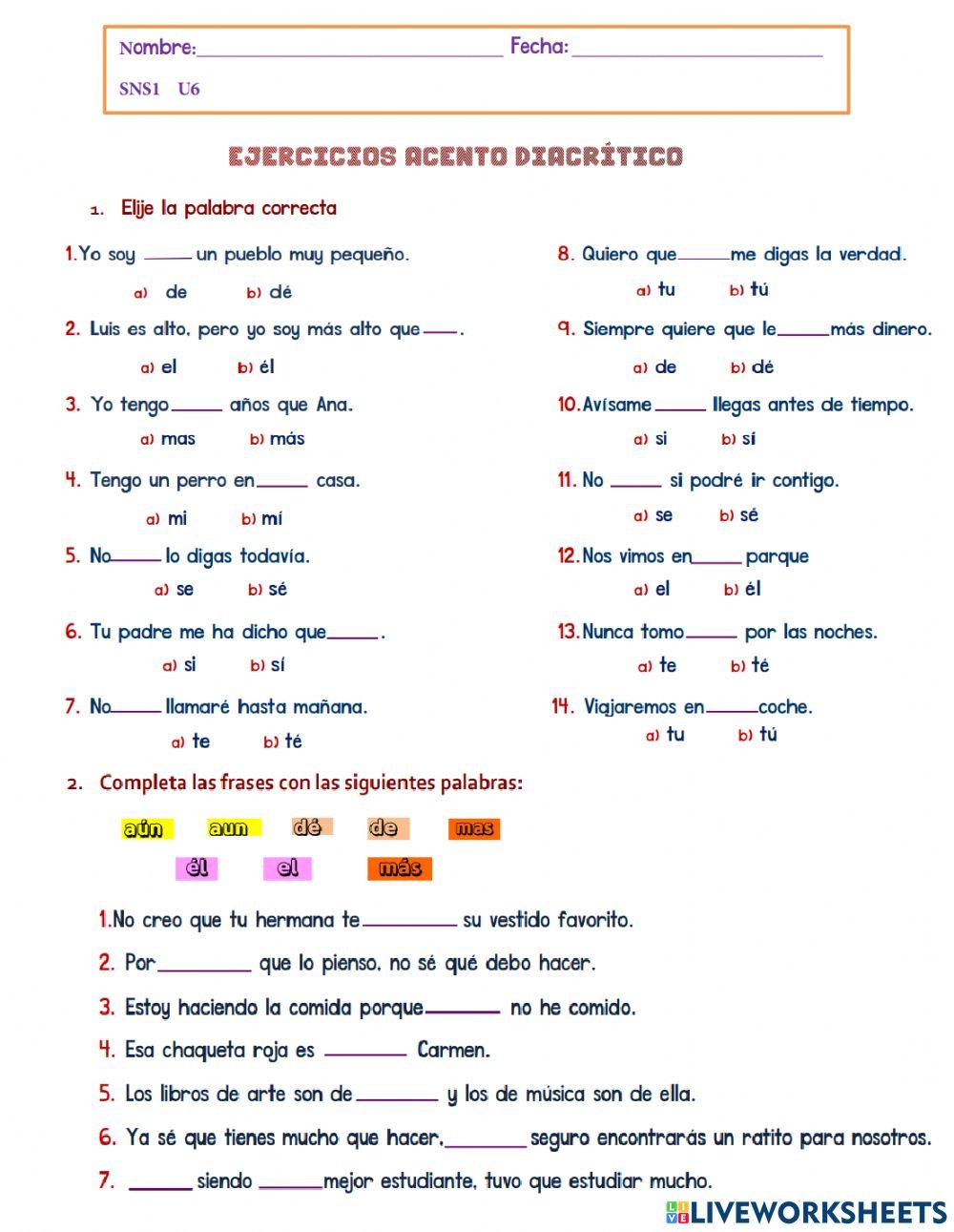 SNS1 Práctica Acentos Diacríticos(04-26-2023) worksheet | Live Worksheets