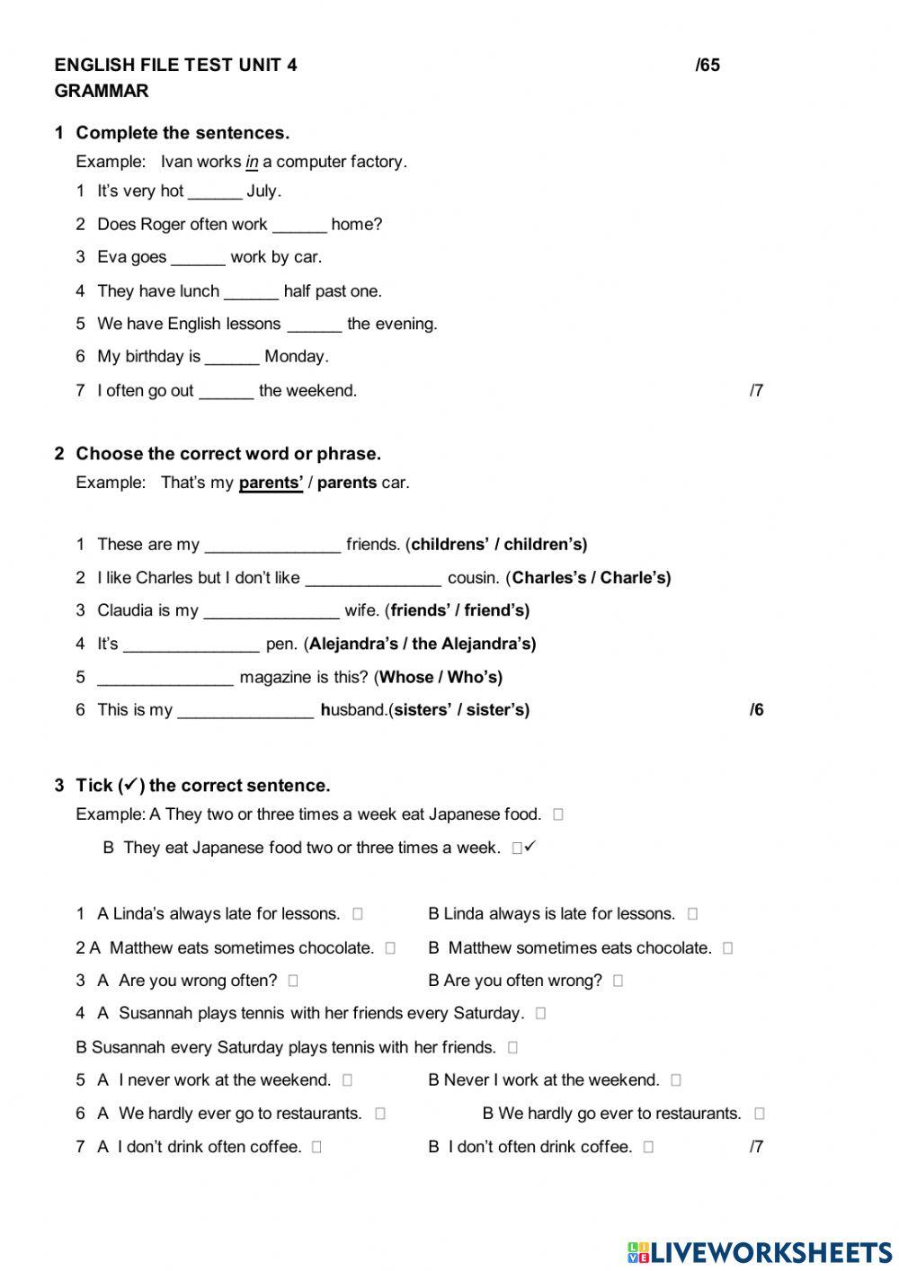 English File elementary Test Unit 4 online exercise for | Live Worksheets