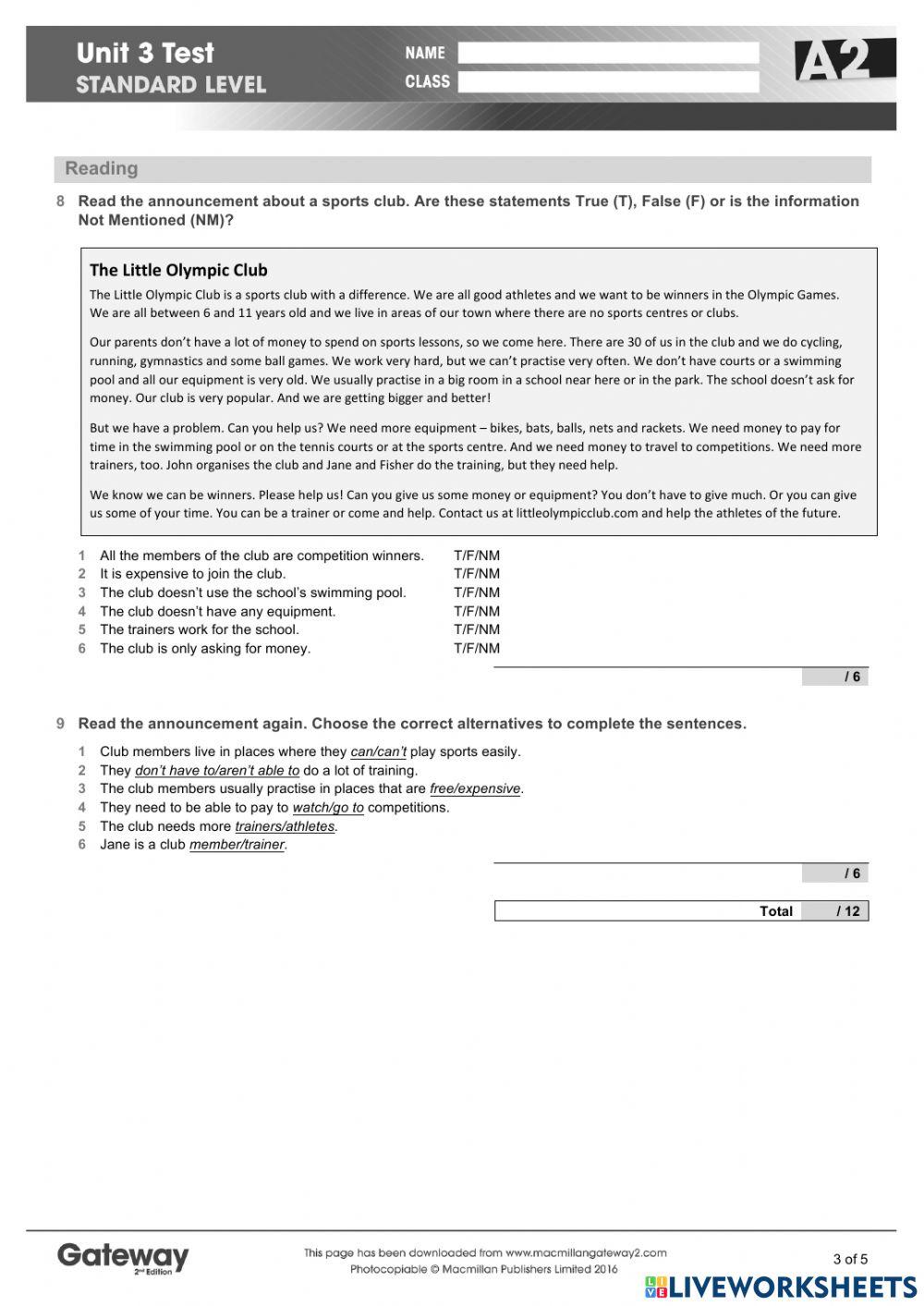 Gateway A2 Test… | Free Interactive Worksheets | 6983108