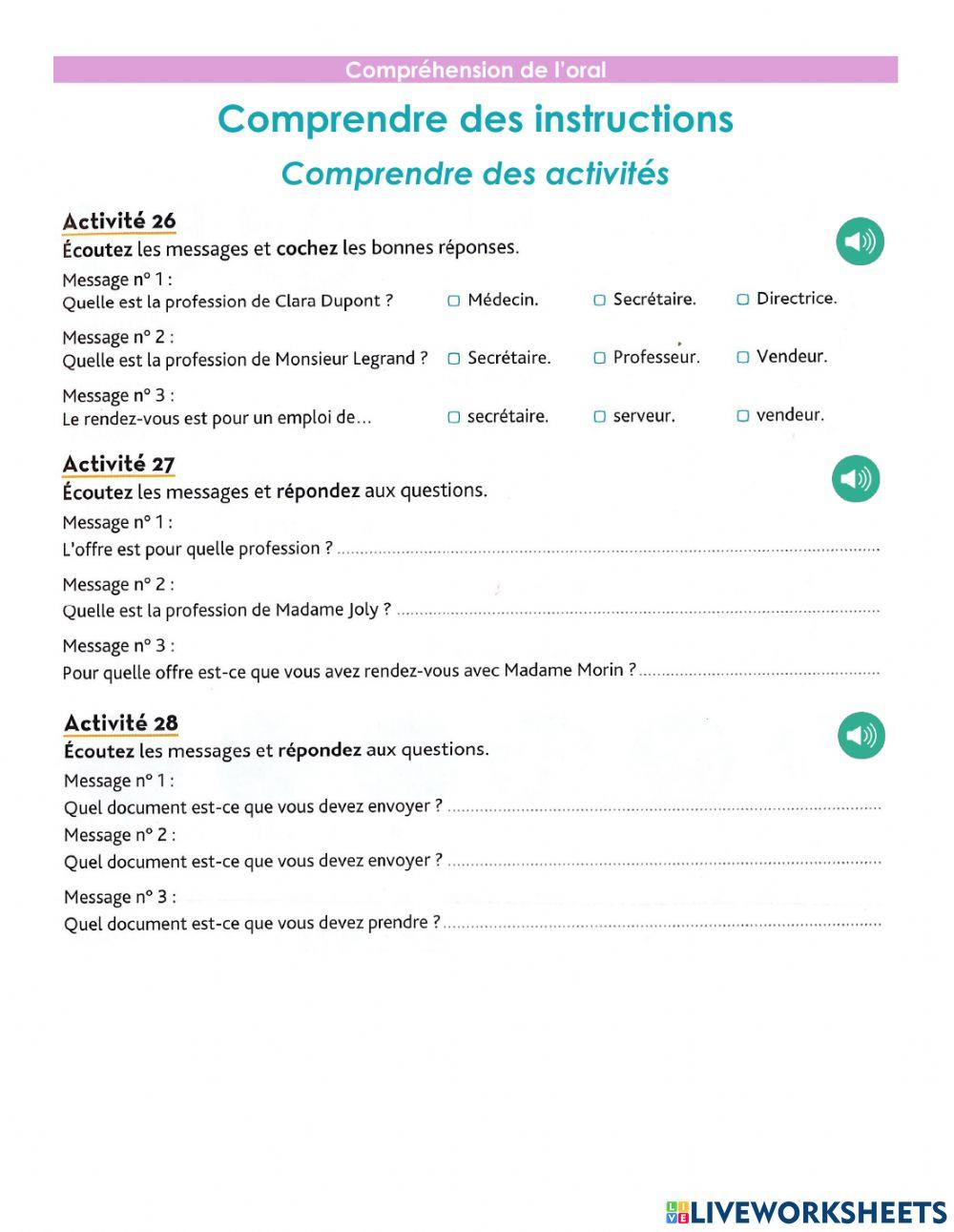 CO- Comprendre des activités worksheet | Live Worksheets