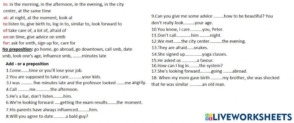 Prepositions in, on, at, of, for, to 7082648 | Elena