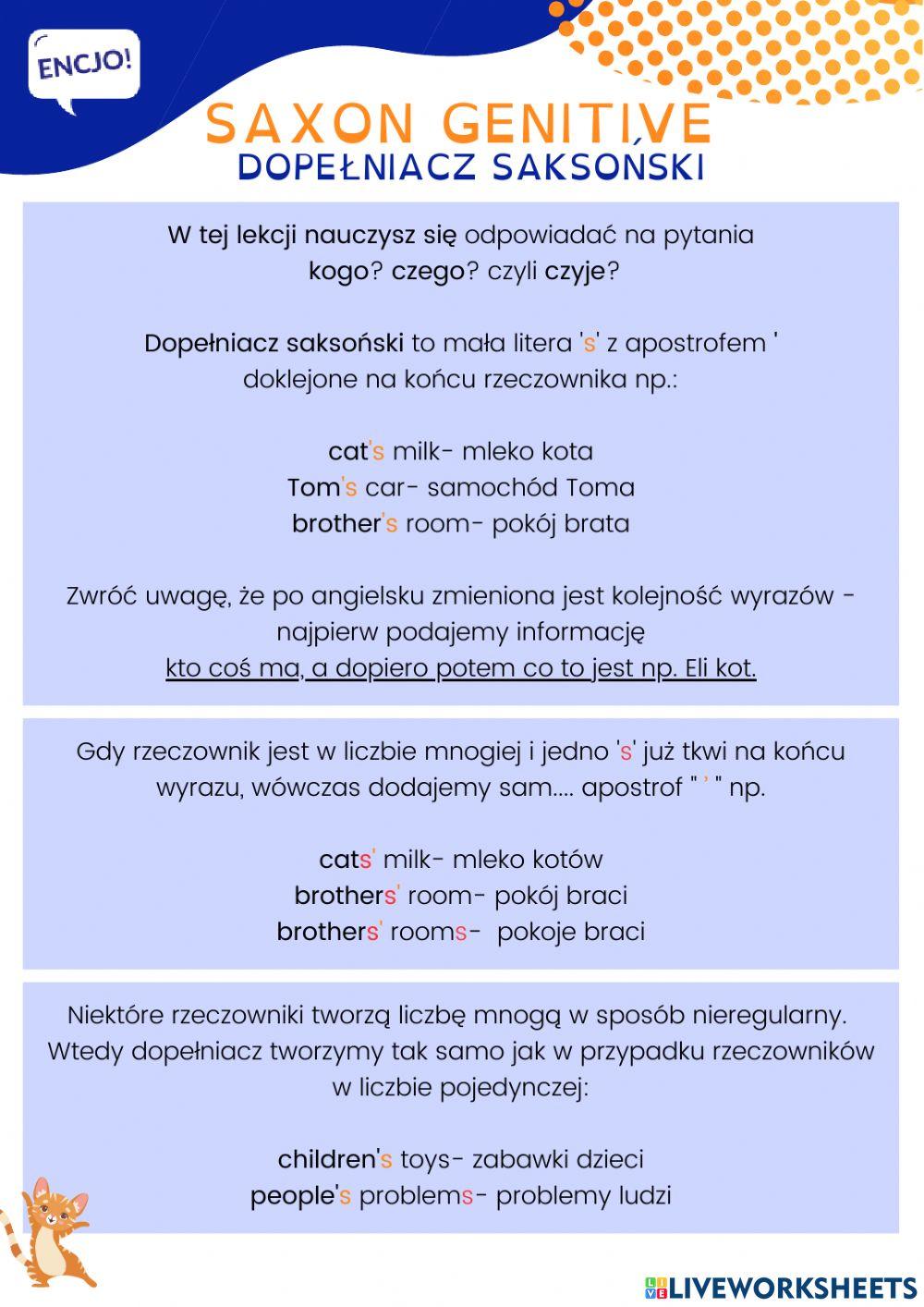 Saxon Genitive | Free Interactive Worksheets | 7013008