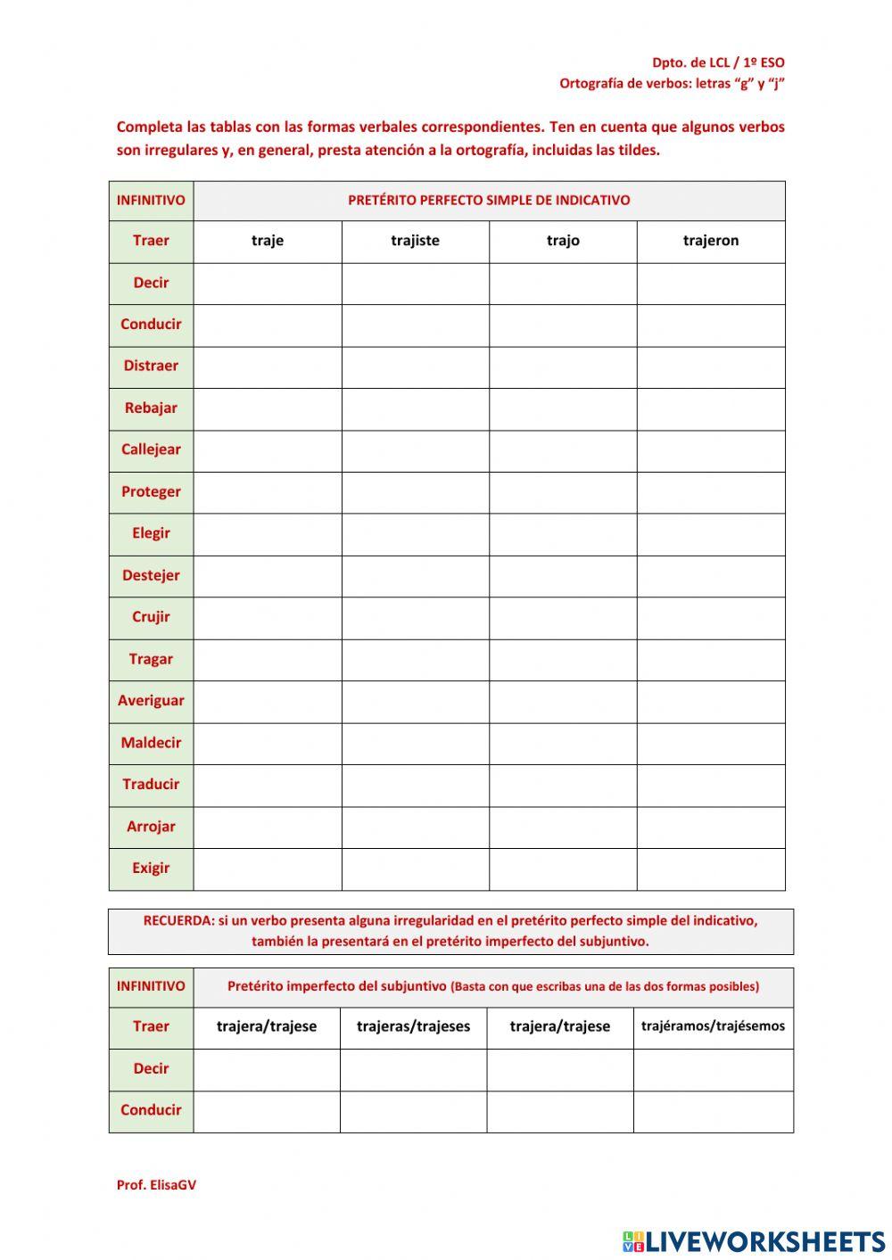 Verbos con G y J regulares e irregulares worksheet | Live Worksheets