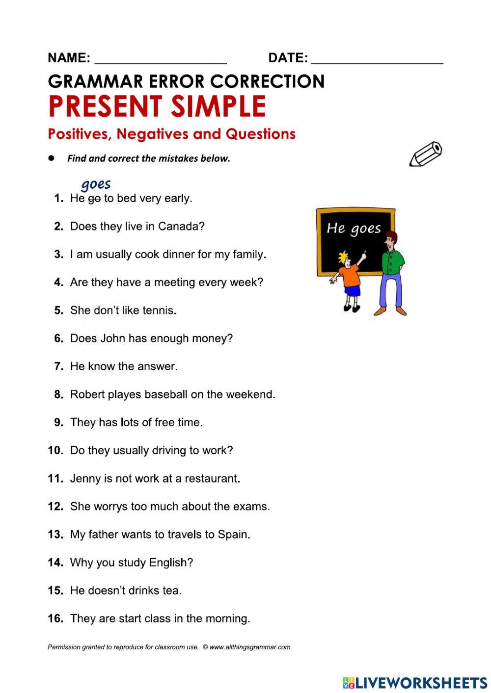 Present Simple Review - Correct the mistakes online exercise for | Live ...