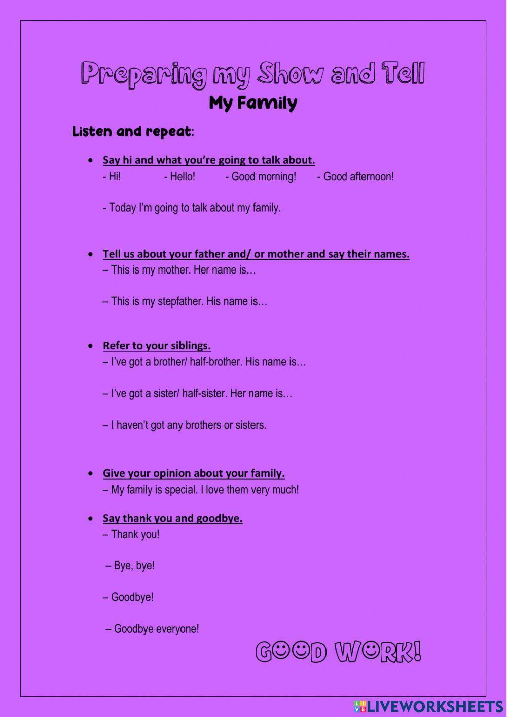 Preparing My Show And Tell My Family Online Exercise For Live Worksheets preparing-my-show-and-tell-my-family-online-exercise-for-live-worksheets