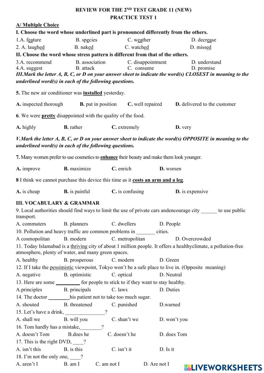 Review for the 2nd test grade 11 worksheet | Live Worksheets