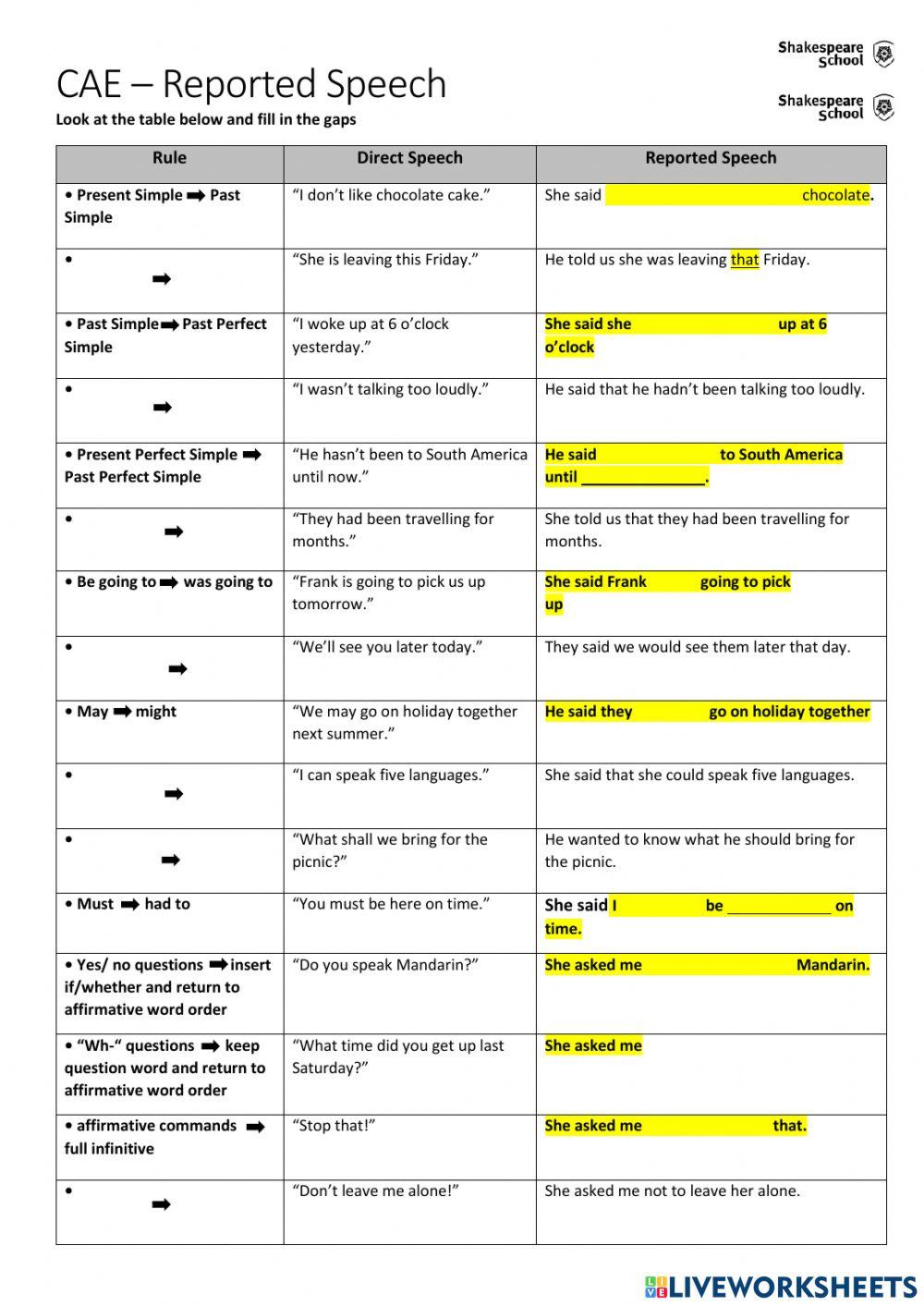 Reported Speech… | Free Interactive Worksheets | 7025237