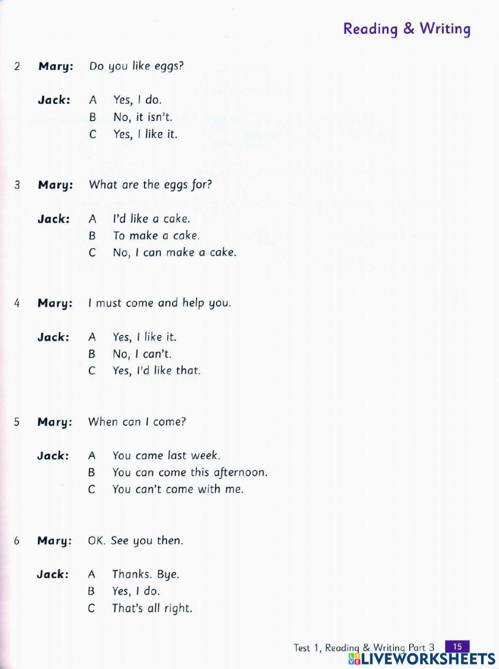 TEST 1 - READING AND WRITING (part 1) online exercise for | Live Worksheets