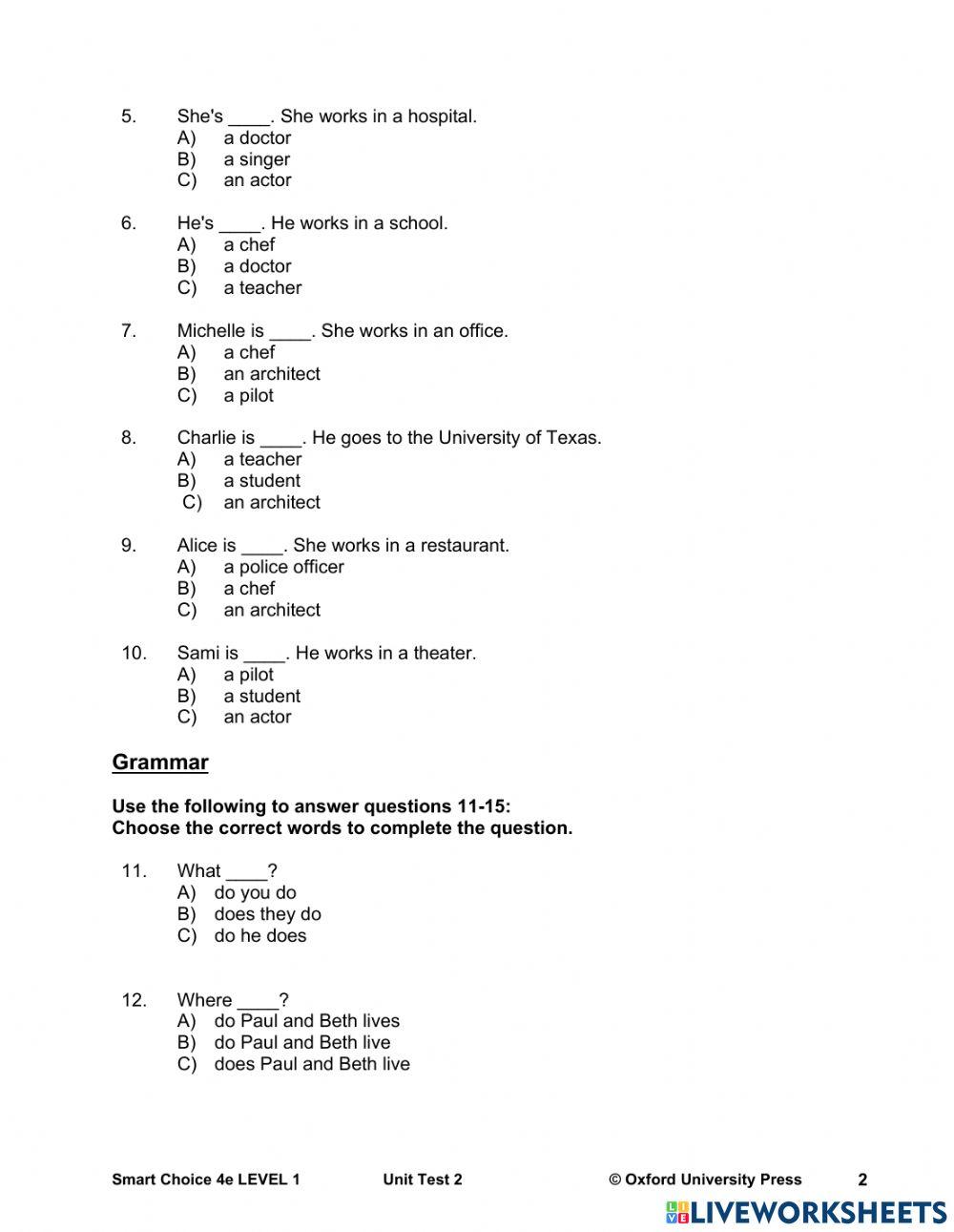 LEVEL 1 UNIT 2 online exercise for 1 | Live Worksheets