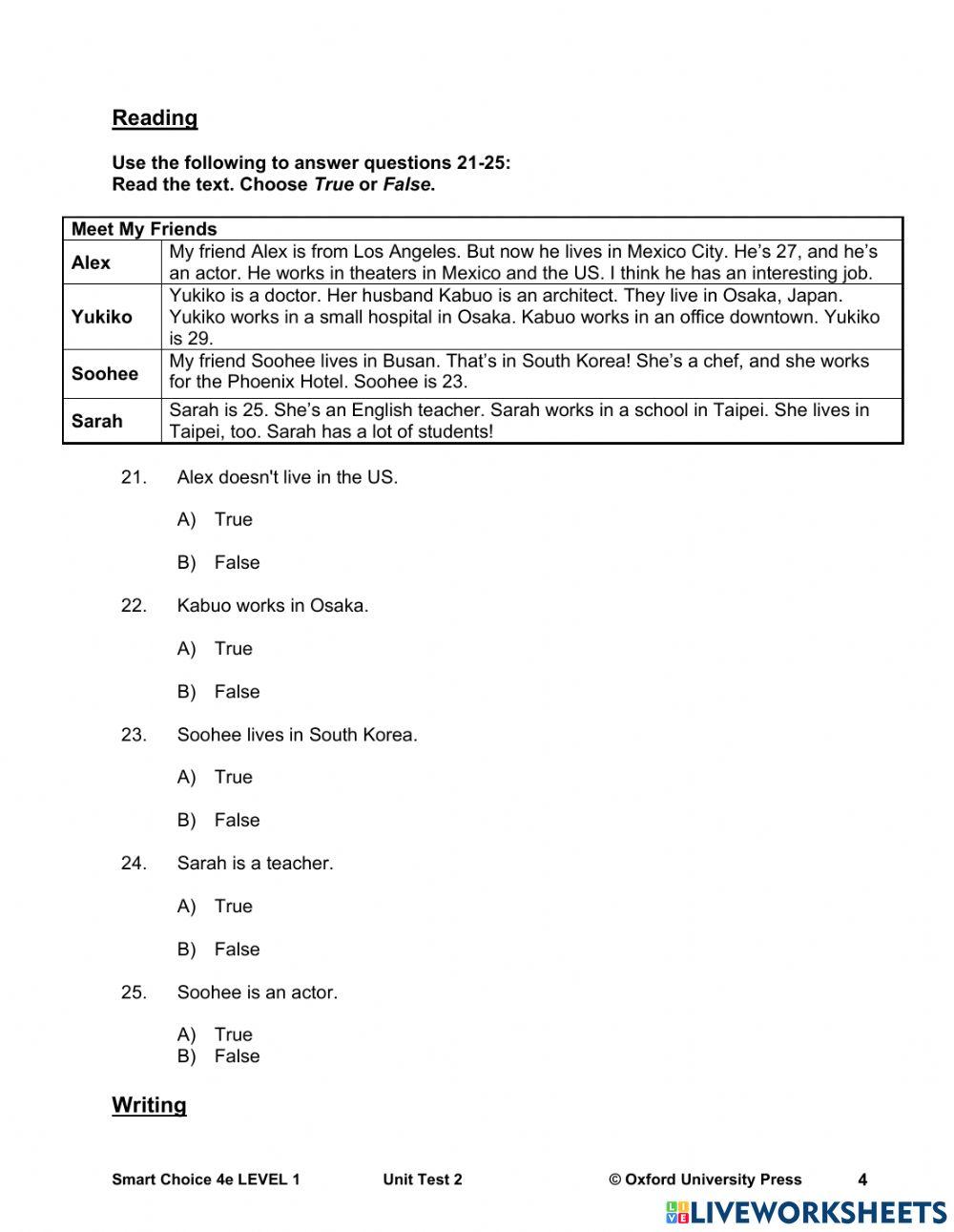 LEVEL 1 UNIT 2 online exercise for 1 | Live Worksheets