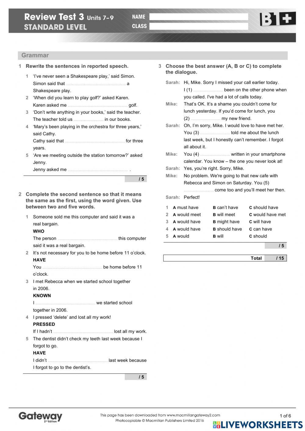 Gateway B1+ Rev… | Free Interactive Worksheets | 2581026