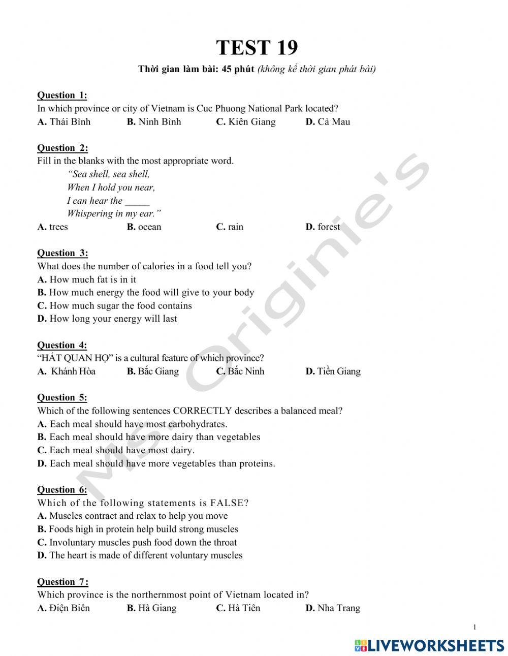 MCQ - Test 19 | ThuyOrigin | Live Worksheets