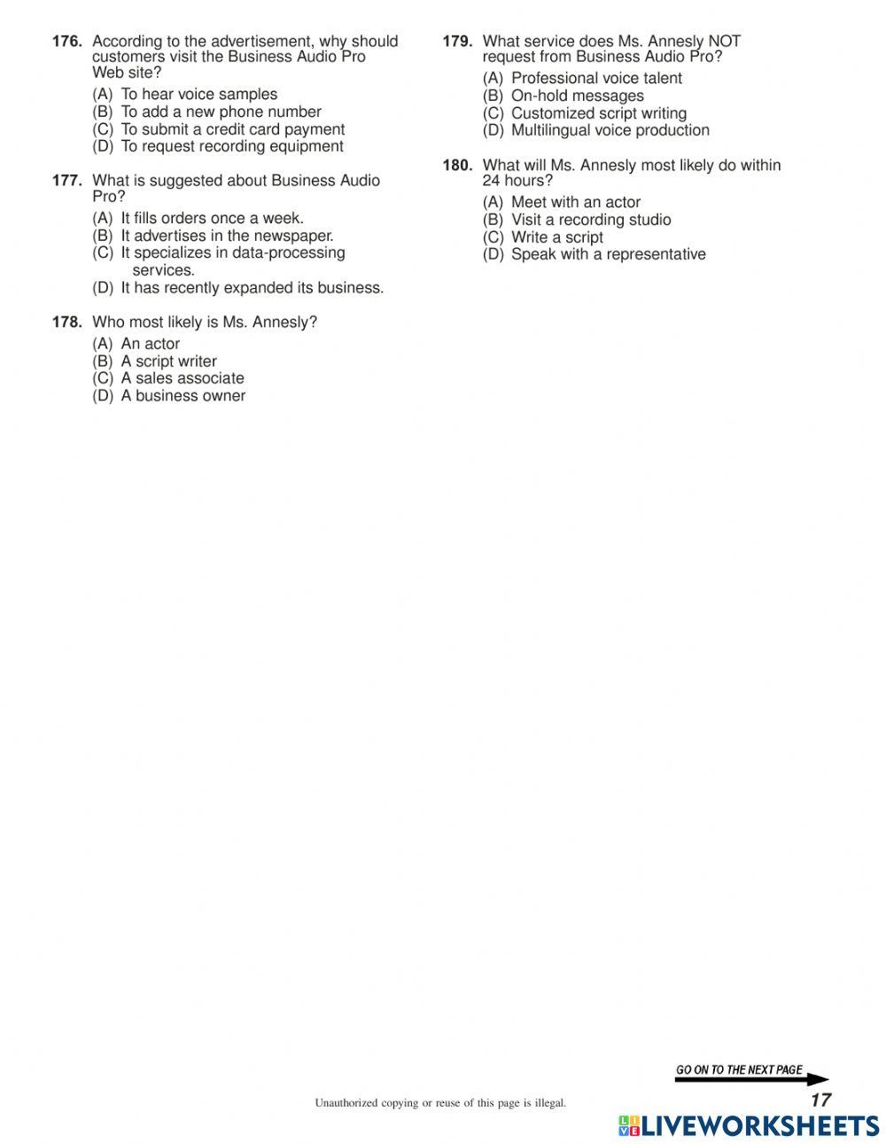 TOEIC READING - SAMPLE TEST - 25Qs online exercise for | Live Worksheets