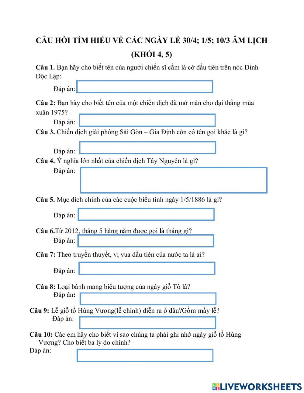 CÂU HỎI TÌM HIỂU VỀ CÁC NGÀY LỄ 30-4- 1-5- 10-3 ÂM LỊCH (KHỐI 4, 5 ...