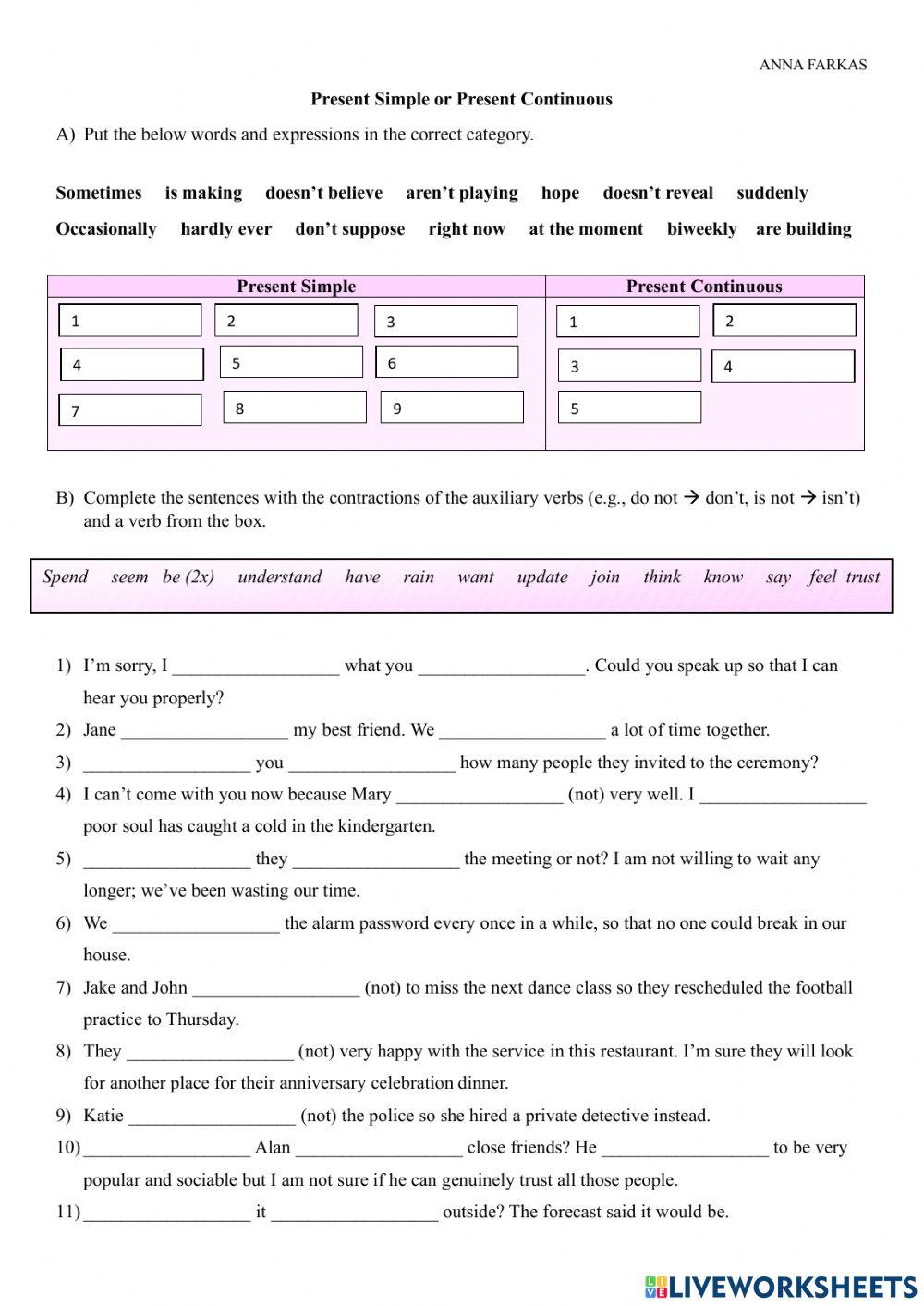 Present Simple Present Continuous free activity | Live Worksheets