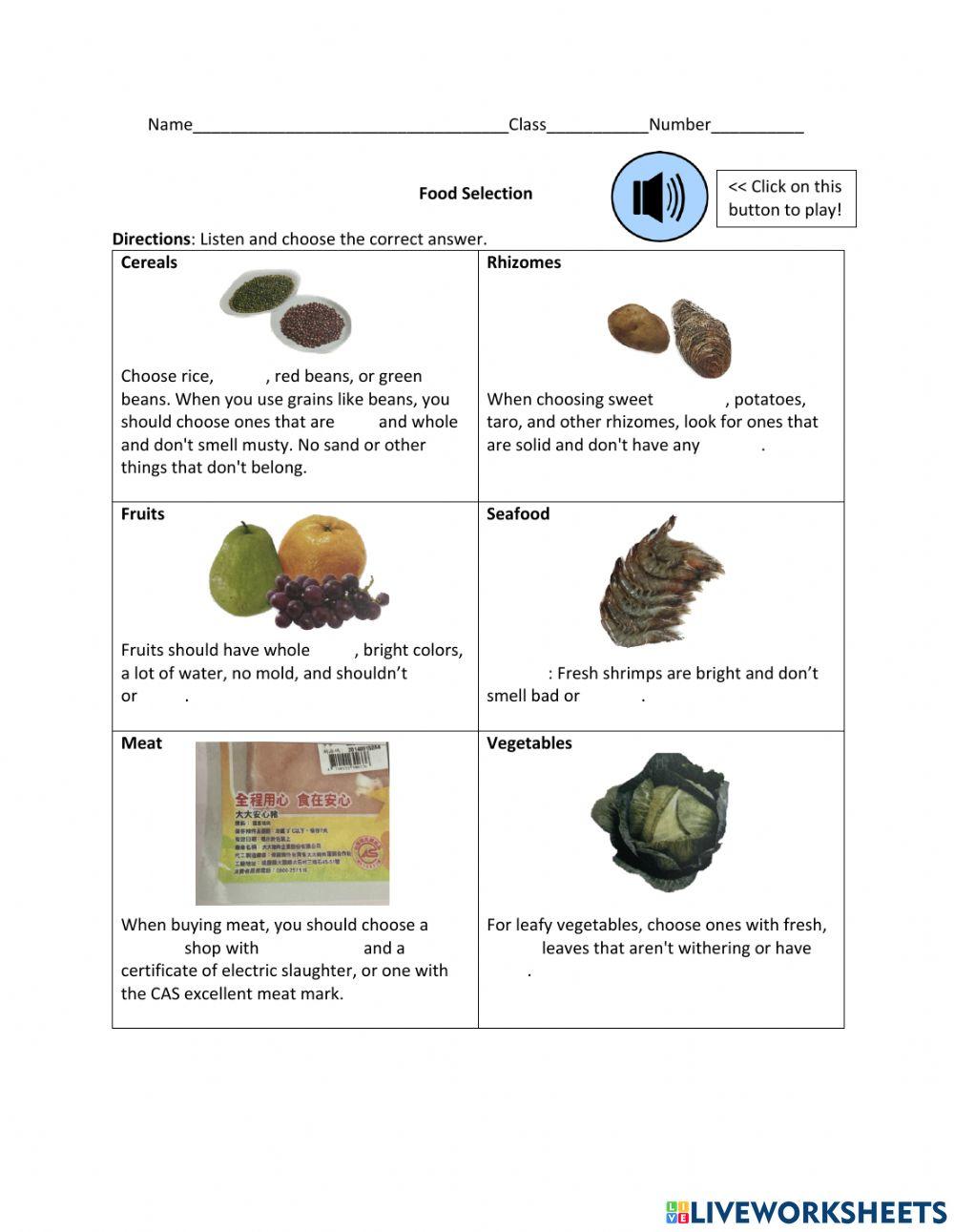 Food Selection worksheet | Live Worksheets