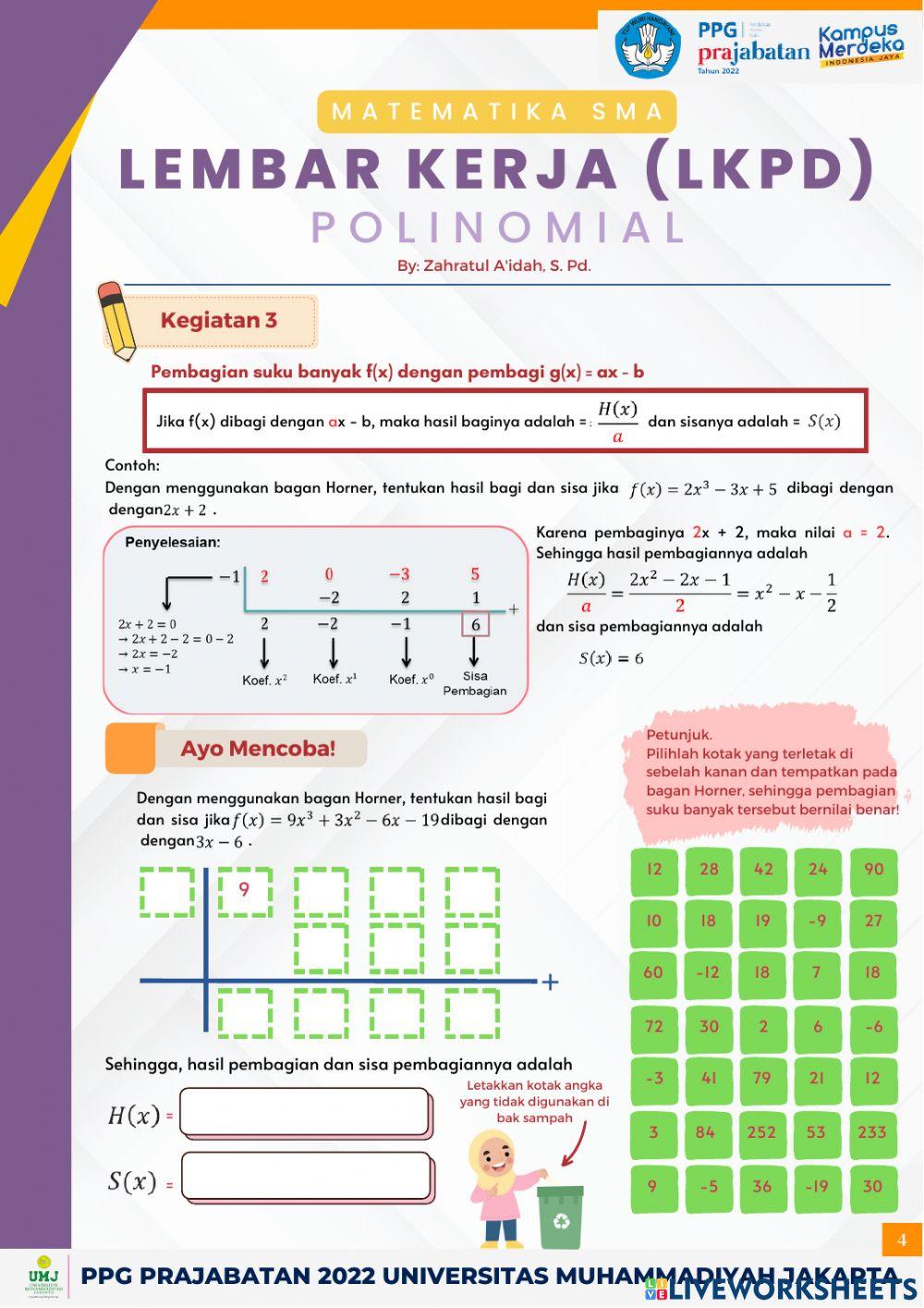 E-Lkpd Pembagian Polinomial Cara Horner | zahratuladh