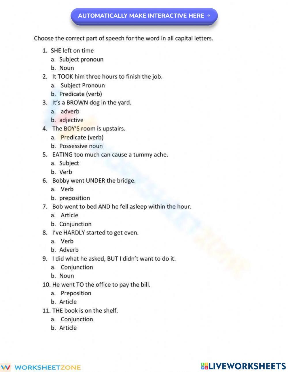 Parts of speech | Free Interactive Worksheets | 7010538