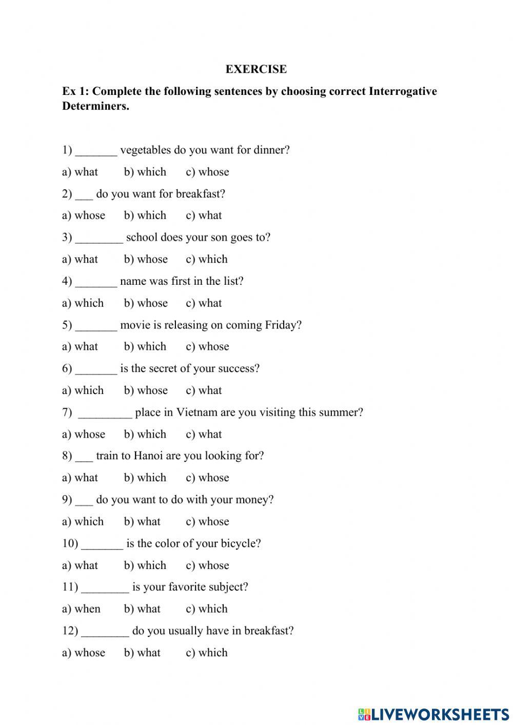 Interrogative Determiners online exercise for | Live Worksheets