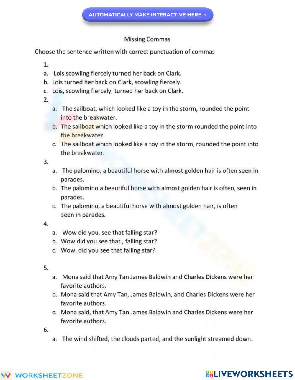 Missing Commas interactive worksheet | Live Worksheets