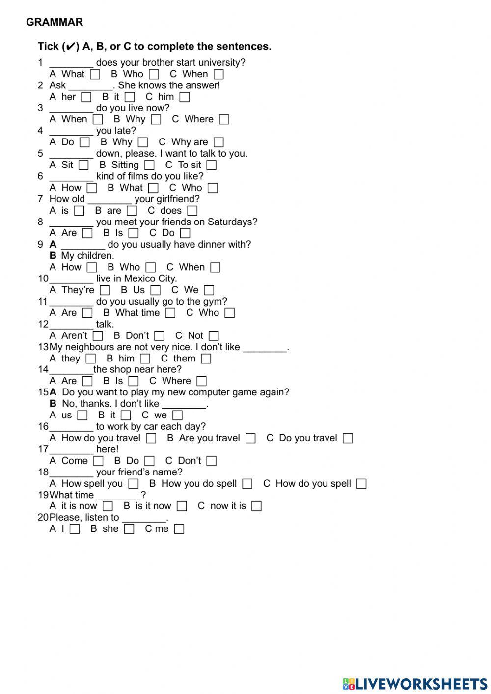 A1 - Unit 7 - Progress test online exercise for | Live Worksheets